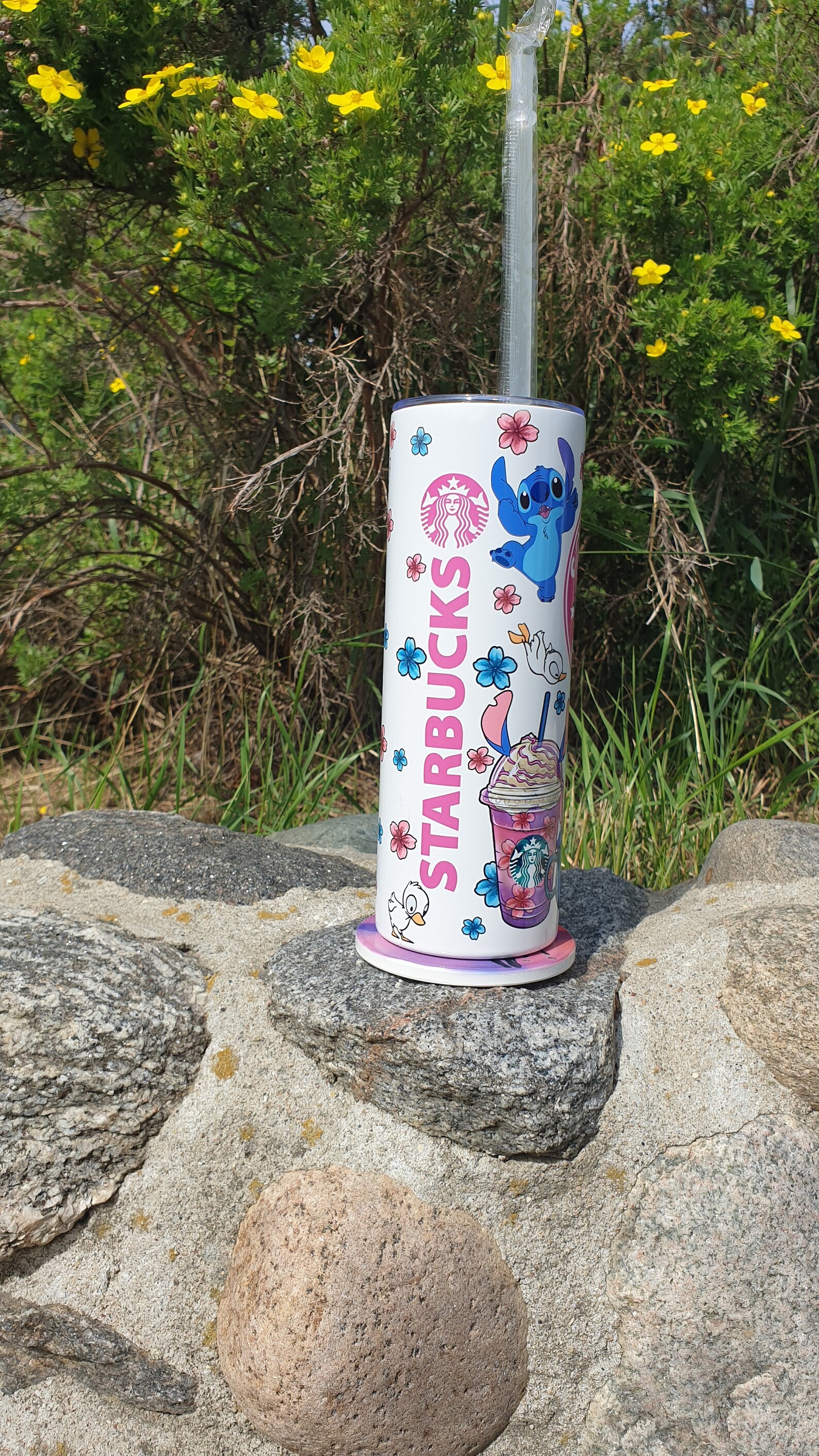 Coffee Time Stitch Cartoon Starbucks Glitter Dupe Skinny Tumbler 20 Oz ...