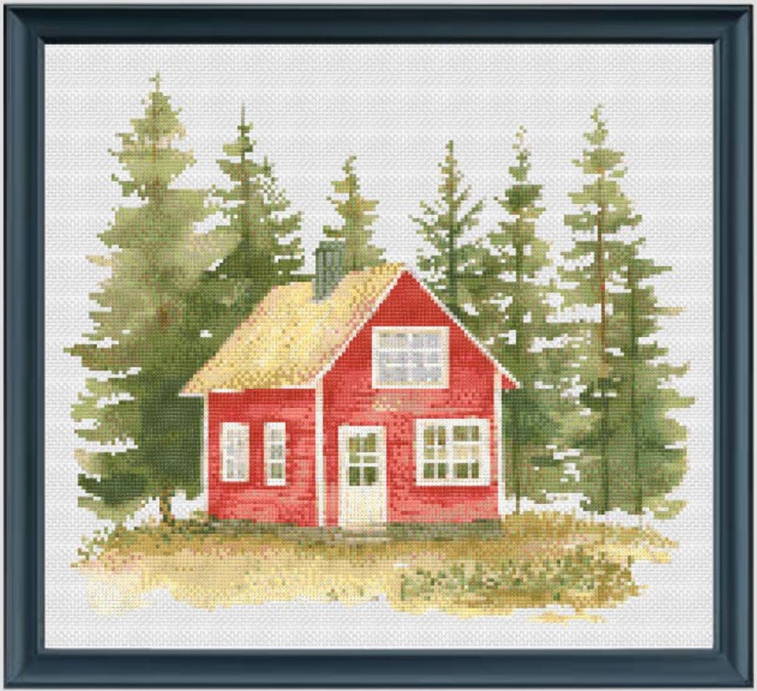 Red Swedish Cabin Watercolor Cross Stitch Pattern | Liten Stuga | PDF ...