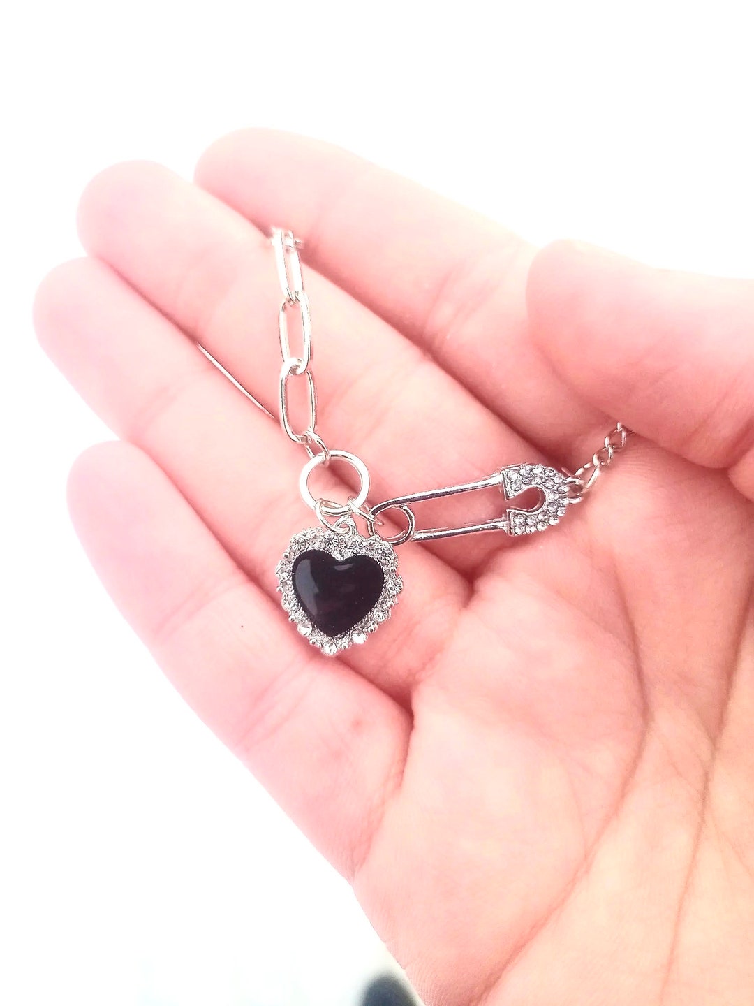 Y2K Black Heart Cute Diamond Pendant Chain Choker Necklace - Etsy
