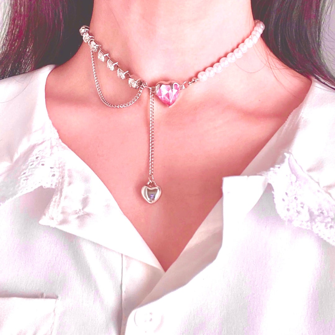 Y2K Fashion Pink Heart Pearl Diamond Chain Choker Necklace - Etsy