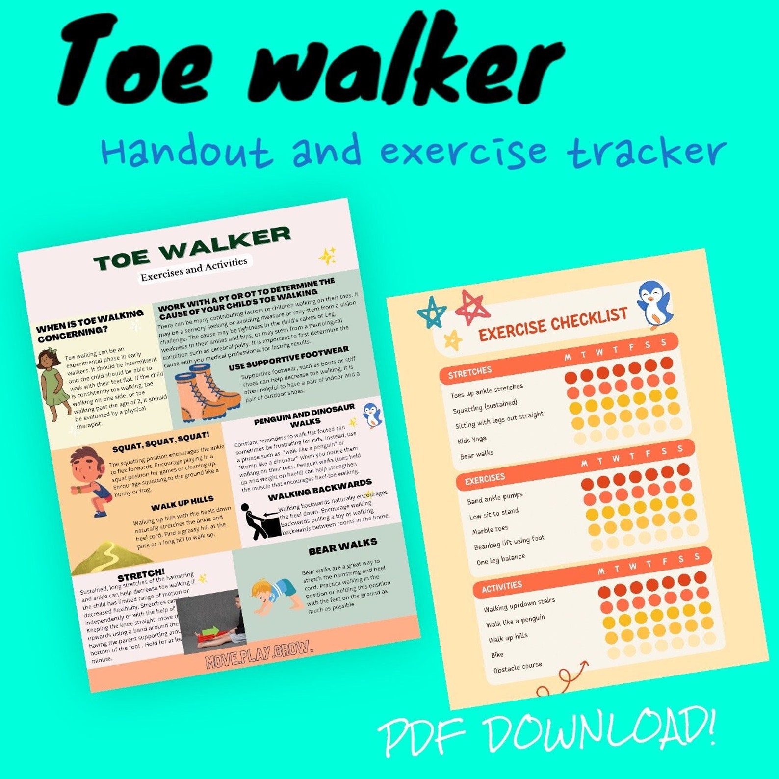 Toe Walking Handout and Exercise Chart - Etsy