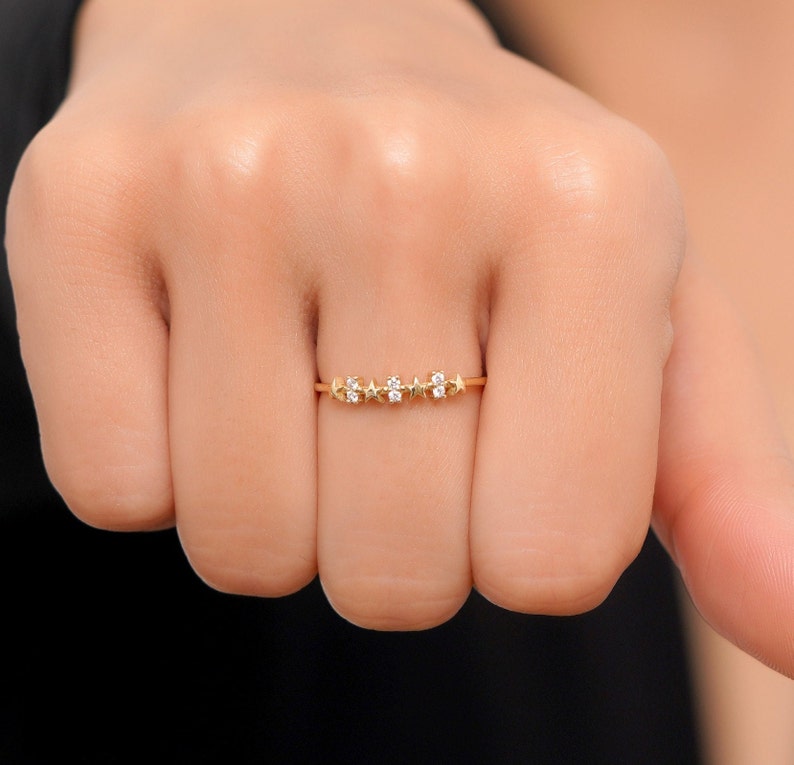 14K Solid Gold Diamond Ring, Star, Hart Design and 6 Diamonds, Stackable Ring, Gift for Mom ...