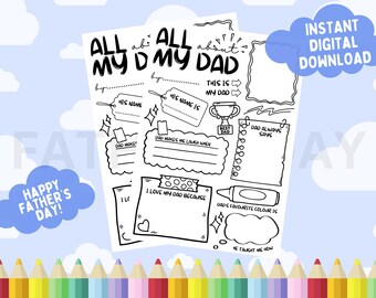 Father's Day Printable, All About My Dad, Father's Day Gift, Card for ...