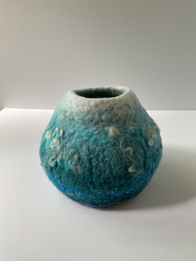 Ocean Wave Felted Wool Container | Blue Teal White | Handmade Water ...