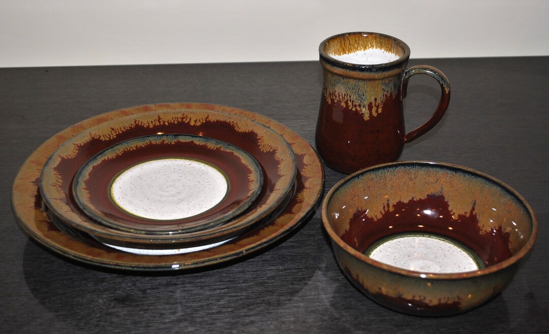 Dinnerware Set, Burgundy Ceramic Pottery Set, Wheel Thrown, Dinner ...