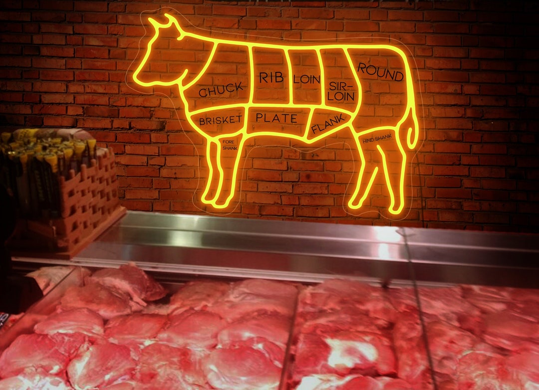 Cow Neon Sign, Cuts of Beef Neon Sign, Butcher Shop Neon Sign, BBQ Neon ...