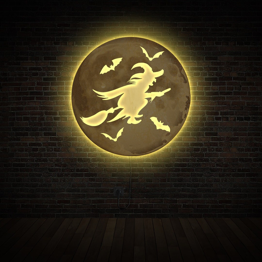 Witch on a Broom With Moon, Flying Witch Neon Sign, Witch Led Sign ...
