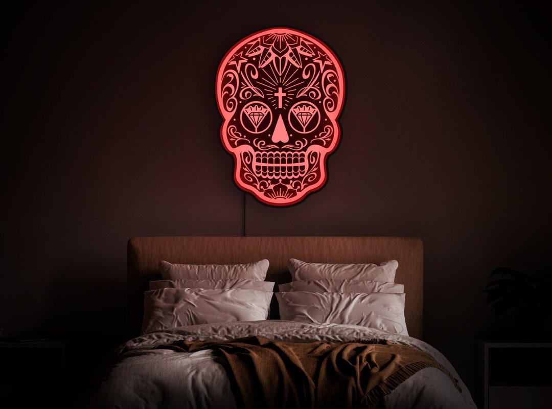 Sugar Skull Neon Sign, Mexican Bar Acrylic Sign, Skull Led Light, Skull ...