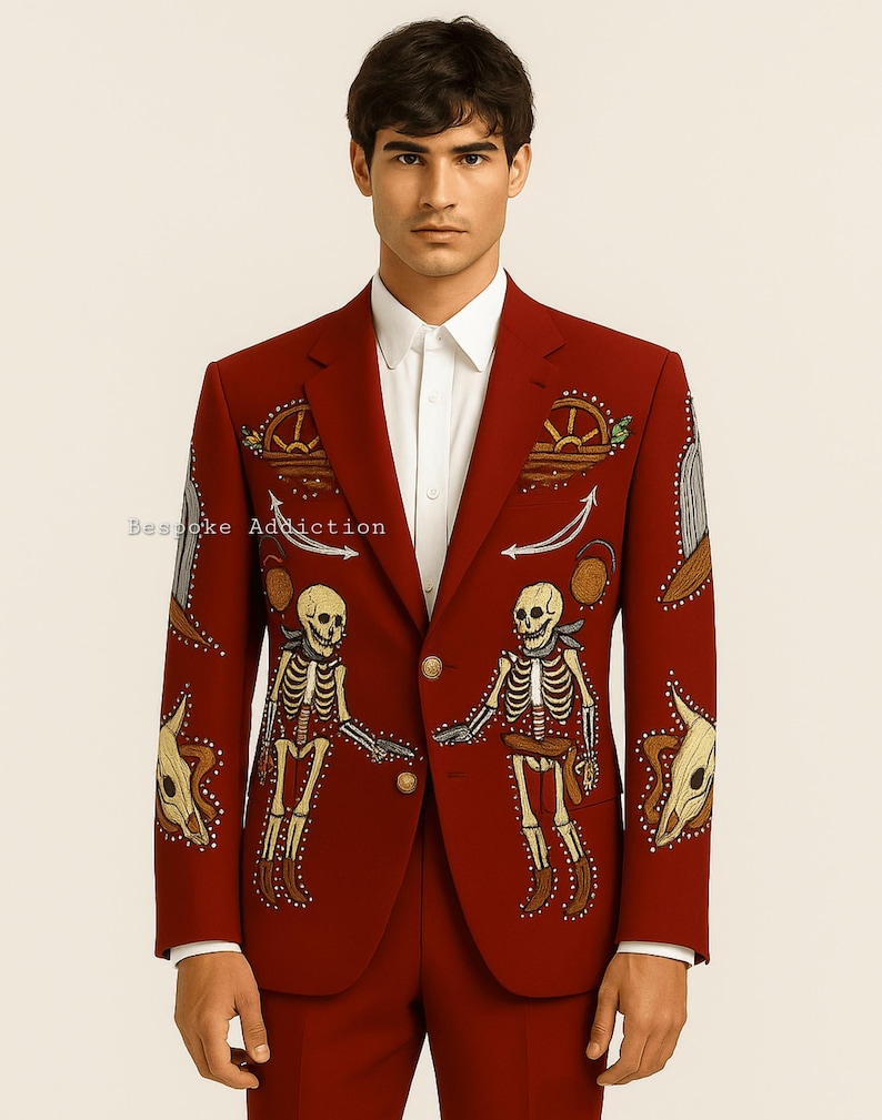 Men 2pc Maroon Bespoke Skeleton Wheels Embroidered Rhinestone Western ...