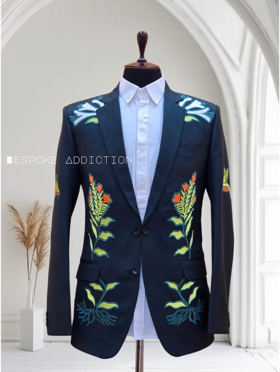 Men Green 2pc Bespoke Country Western Suit Floral Leaf Bird Embroidered ...