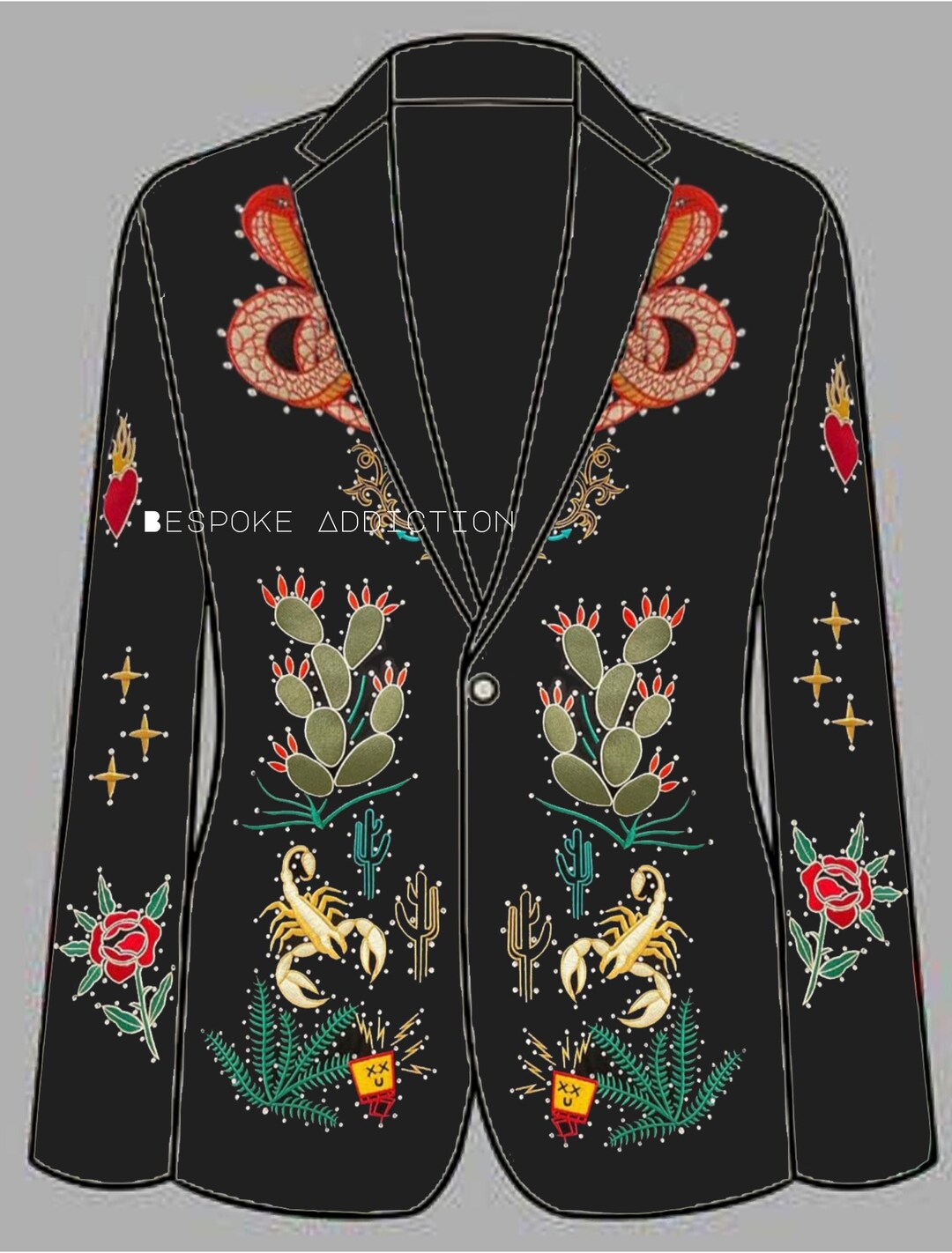 Men Black 2pc Customized Cactus Scorpion Embroidered With Rhinestones ...