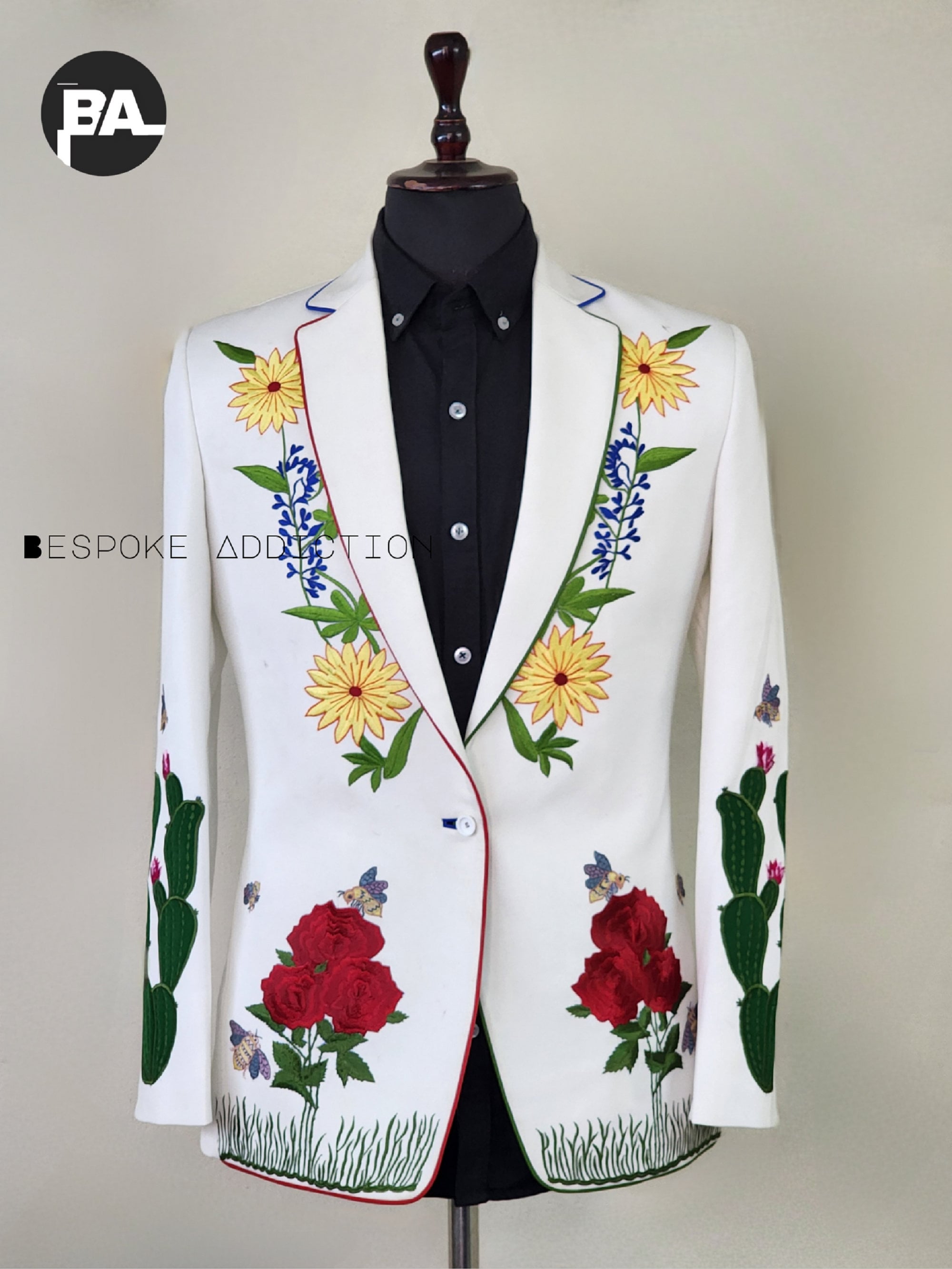 Men's White Bespoke 2pc Country Western Suit Handmade Cactus Flower ...
