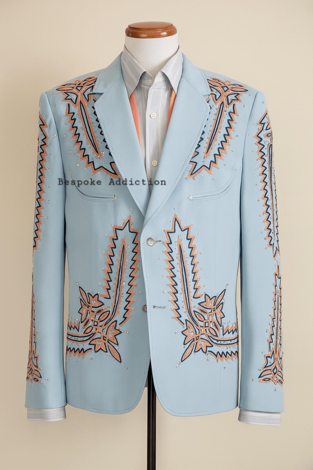 Men 2pc Sky Blue Customised Western Leaf Flames Embroidered Rhinestones ...