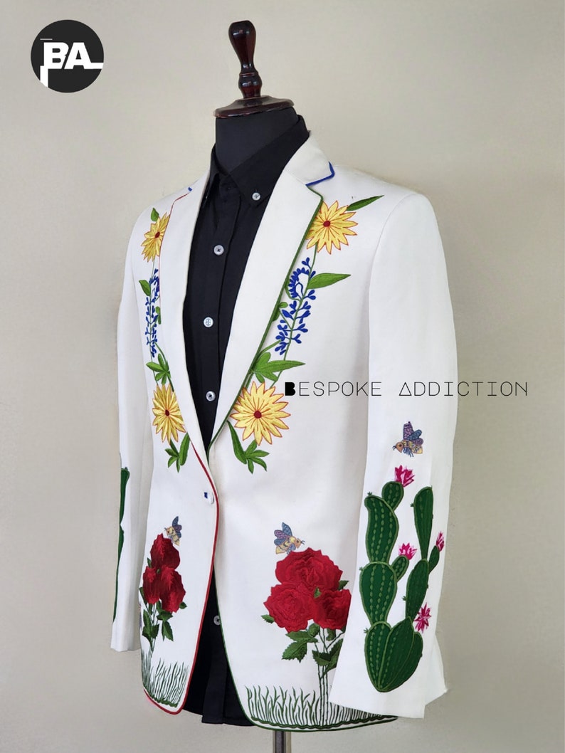 Men's White Bespoke 2pc Country Western Suit Handmade Cactus Flower ...