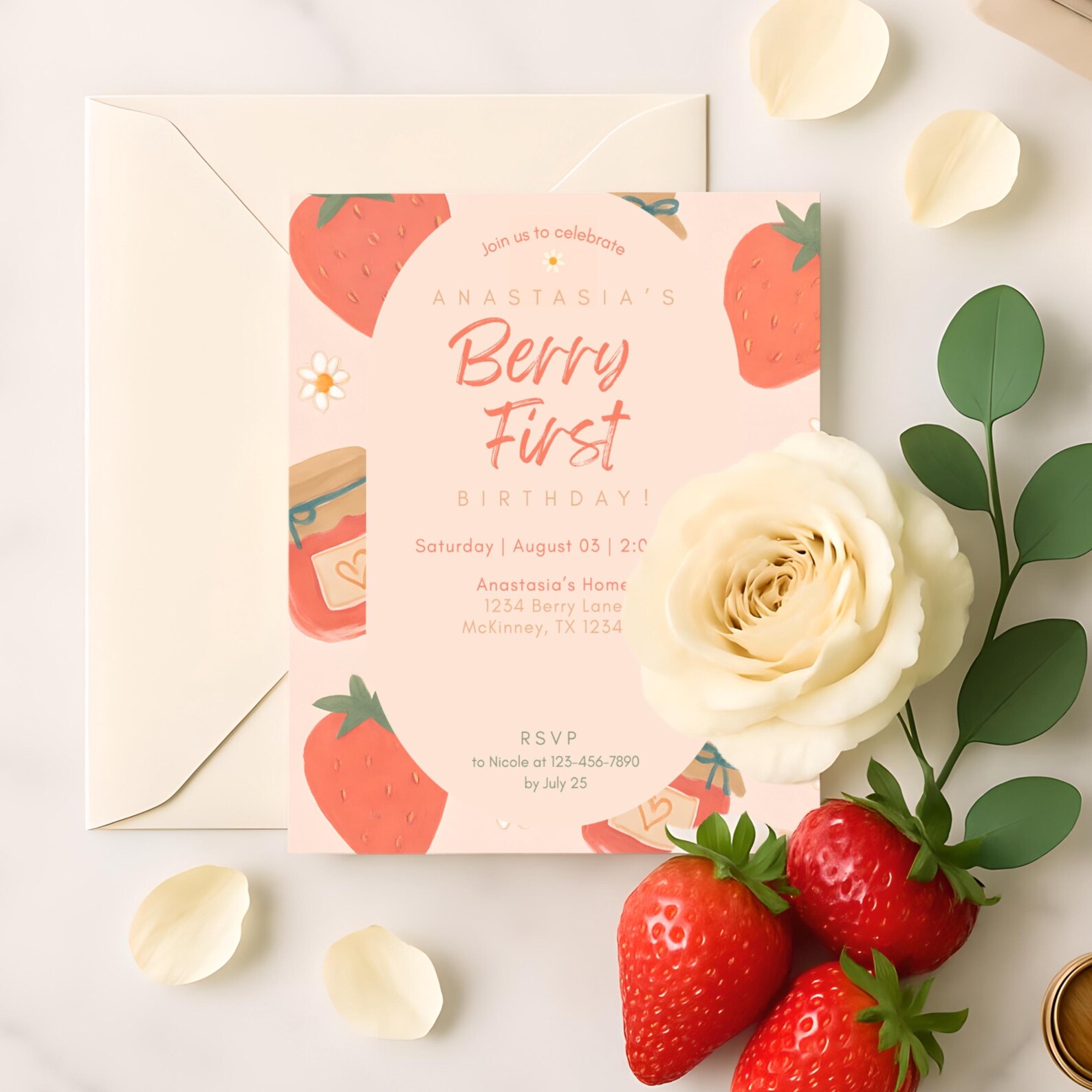 Berry First Birthday Invitation, Red Strawberry 1st Birthday Invite, Daisy, Berry 1st Birthday ...