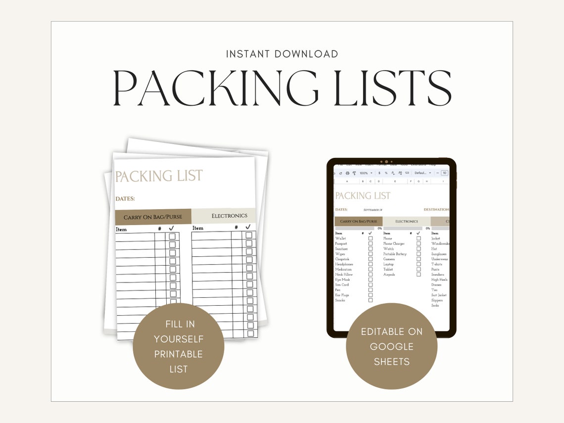 Travel Packing Checklist, Digital Packing List, Packing List Template ...