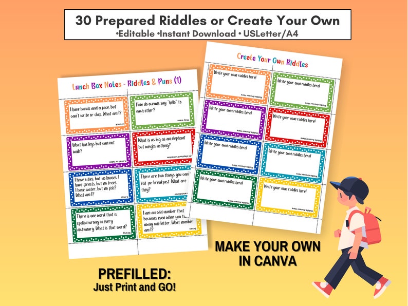 Editable Lunchbox Notes for Kids, Icebreaker Riddles for Back to School ...