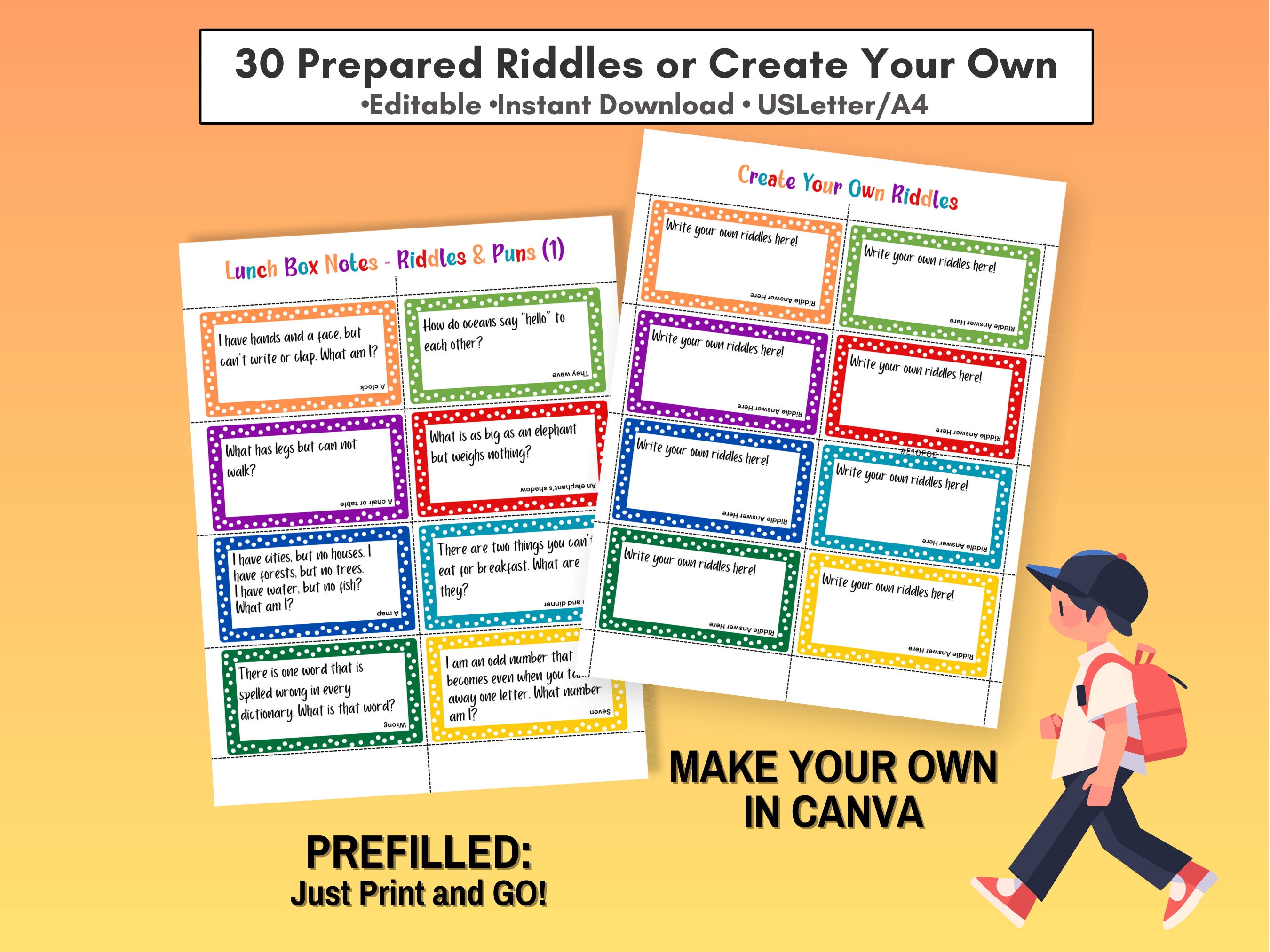 Editable Lunchbox Notes for Kids, Icebreaker Riddles for Back to School ...