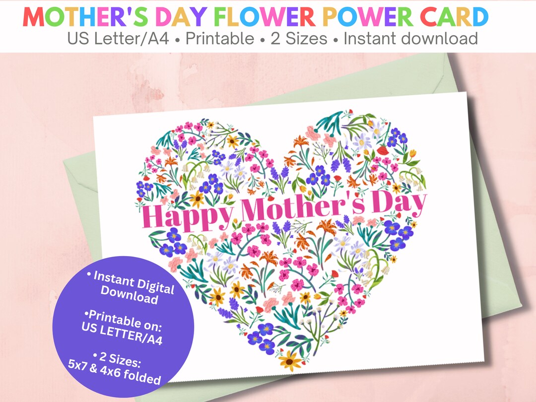 Printable Mothers Day Floral Card With Heart Motif | Mothers Day Card ...