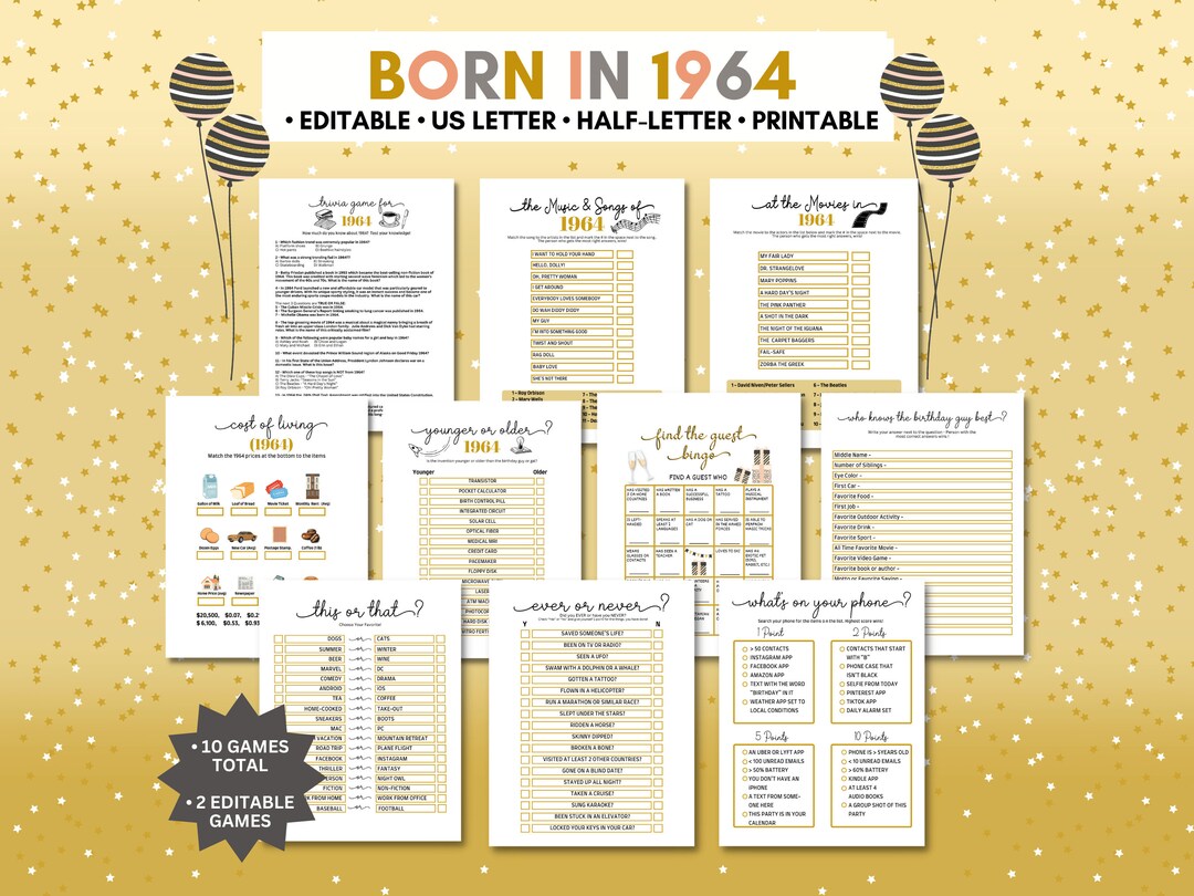 61st Birthday Party Games Bundle | Born in 1964 Games | Editable Sixty ...