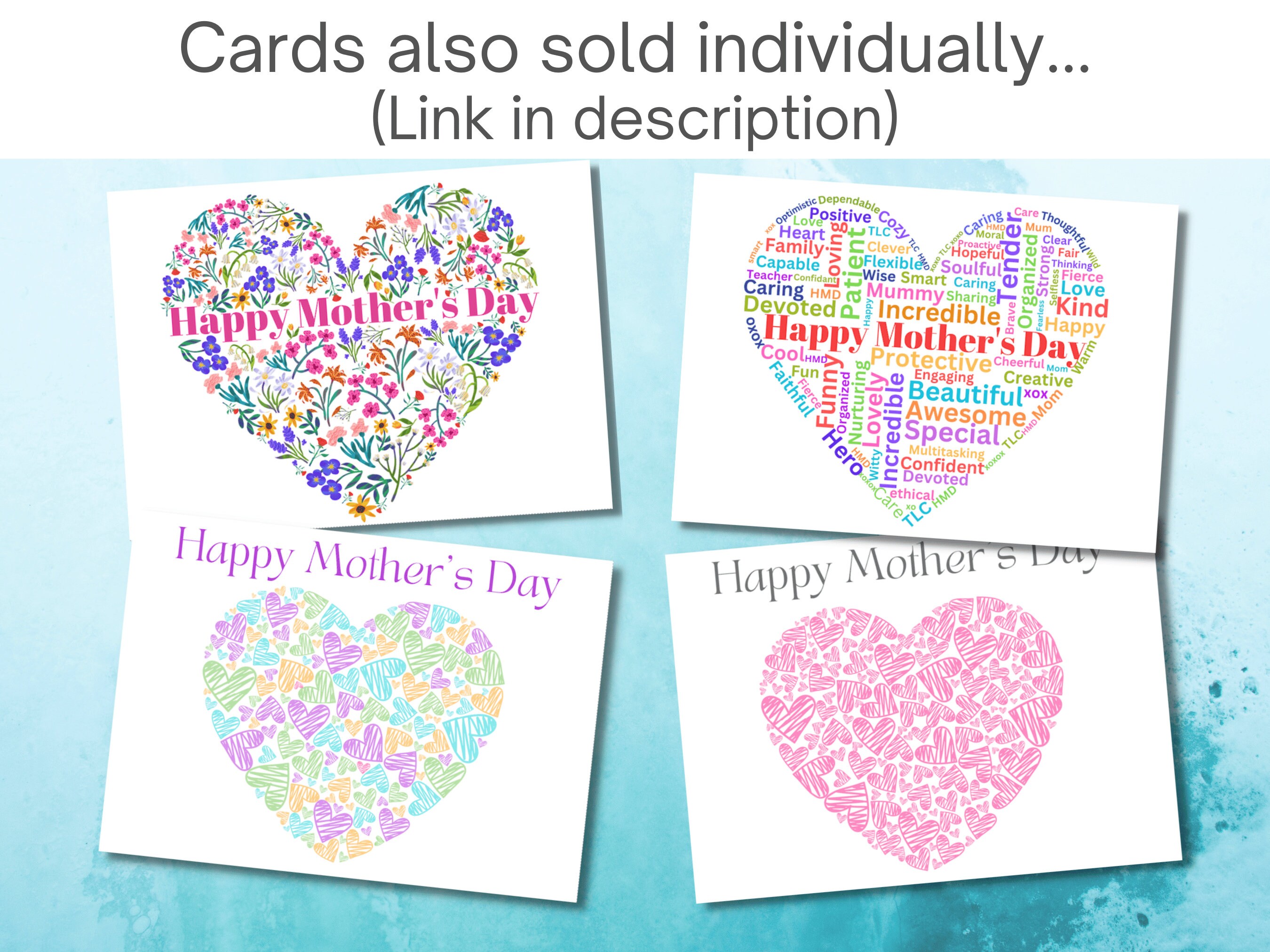 Printable Mothers Day Cards Bundle With Heart Motif | Mothers Day Card ...