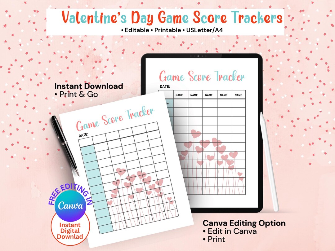Valentine’s Day Game Score Trackers, Editable Canva Template, Printable ...