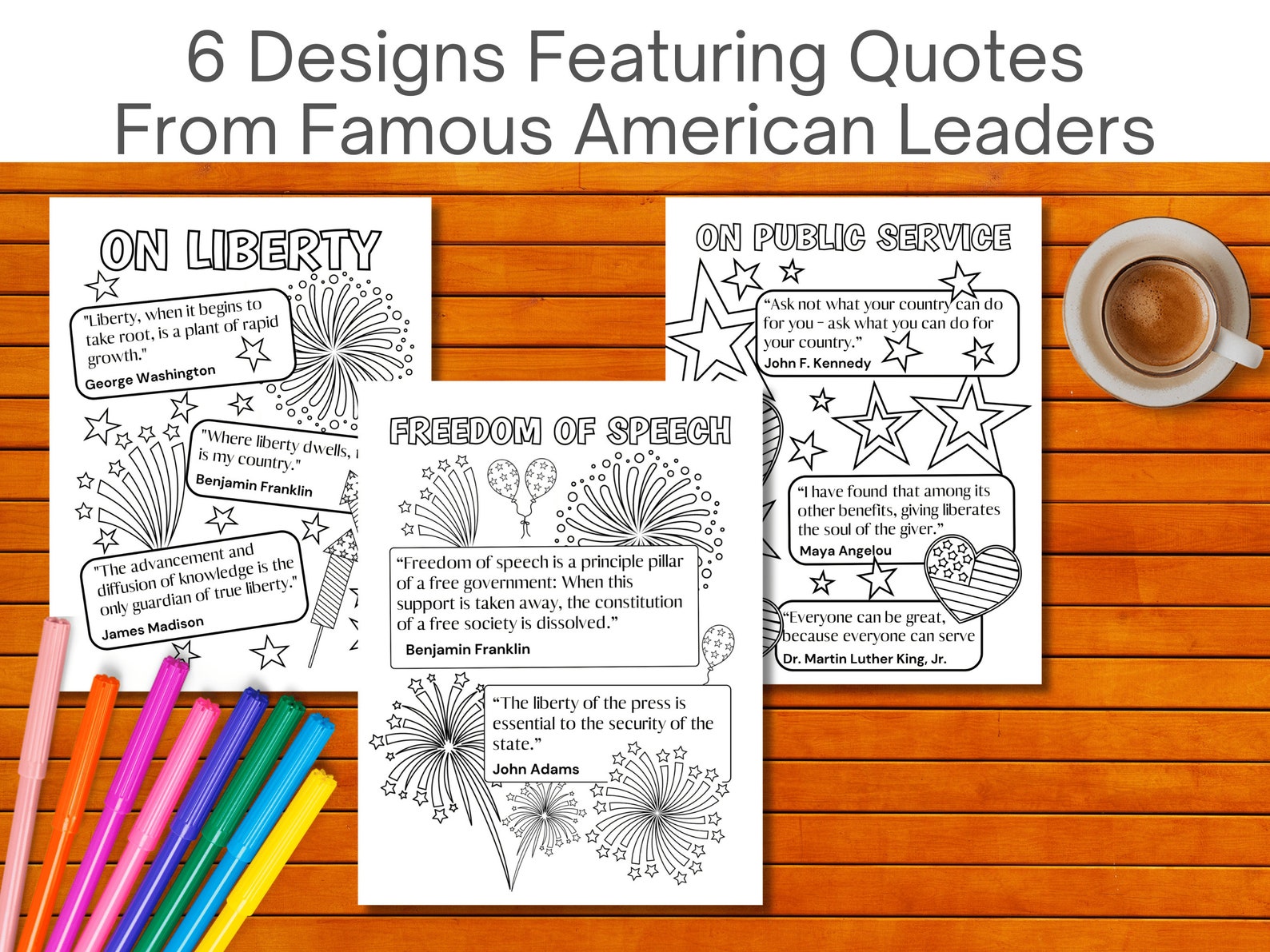 4th of July Coloring Pages With Famous Quotes From American Leaders ...