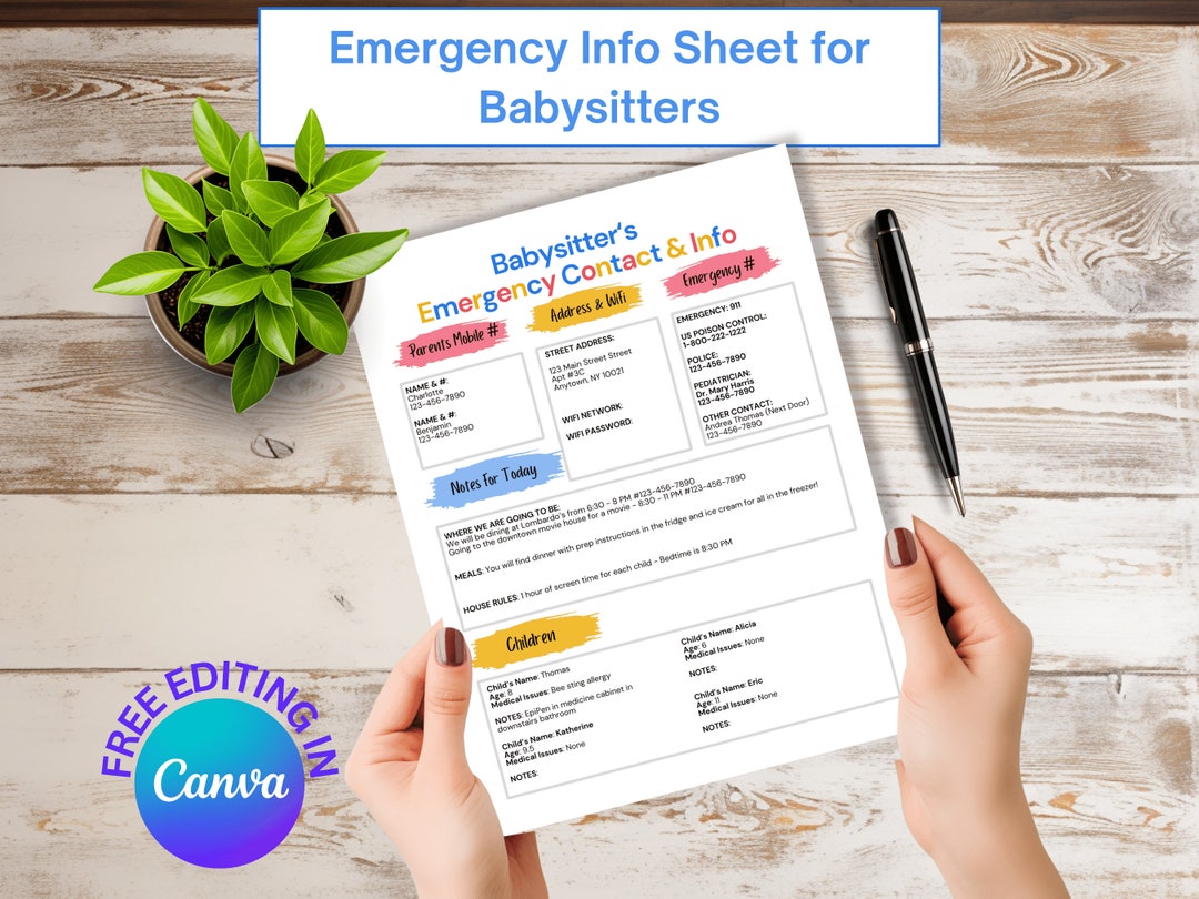 Babysitter Information Sheet With Emergency Contact Info, Medical Info ...