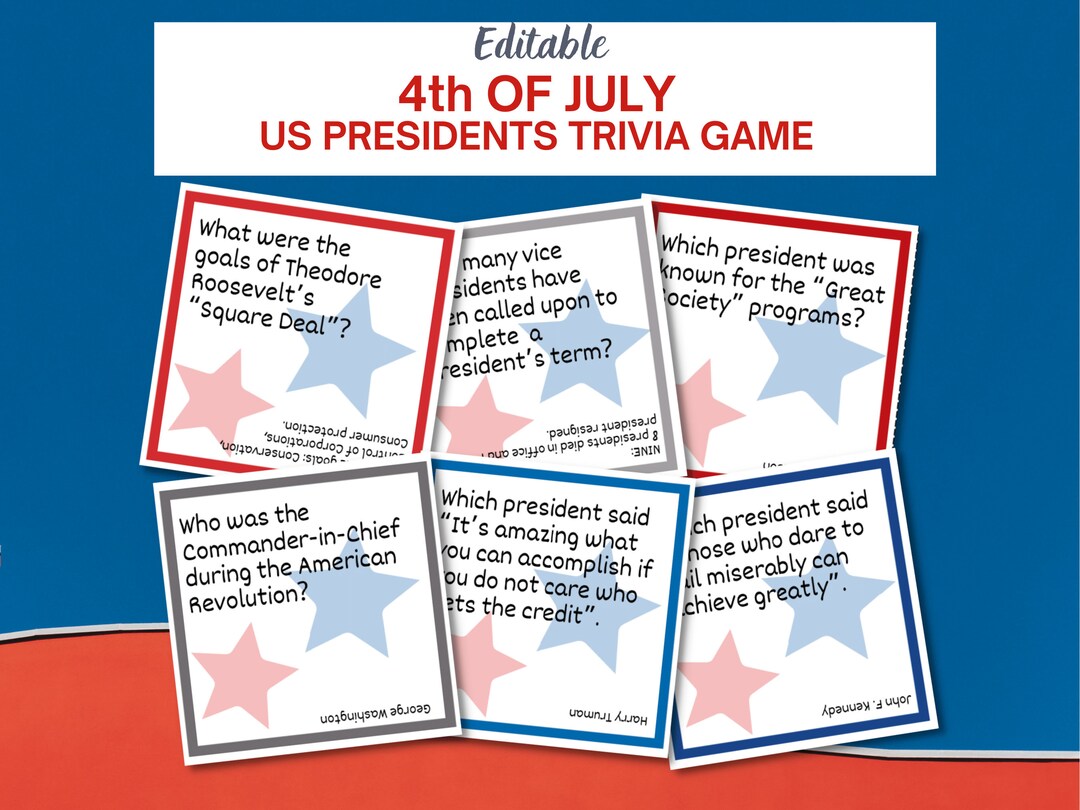 Editable July 4th Presidential Trivia Game, Family Game Night, Older ...