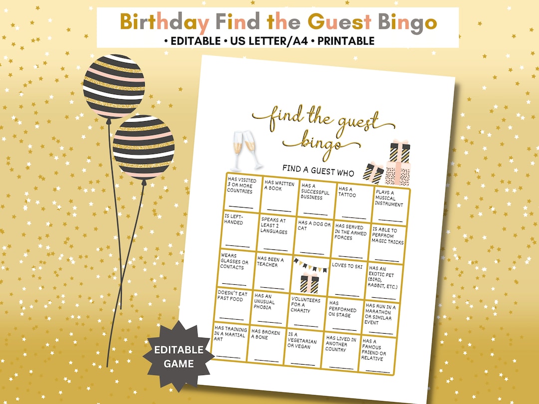 Editable Find the Guest Bingo Game for Birthday Parties | Printable ...