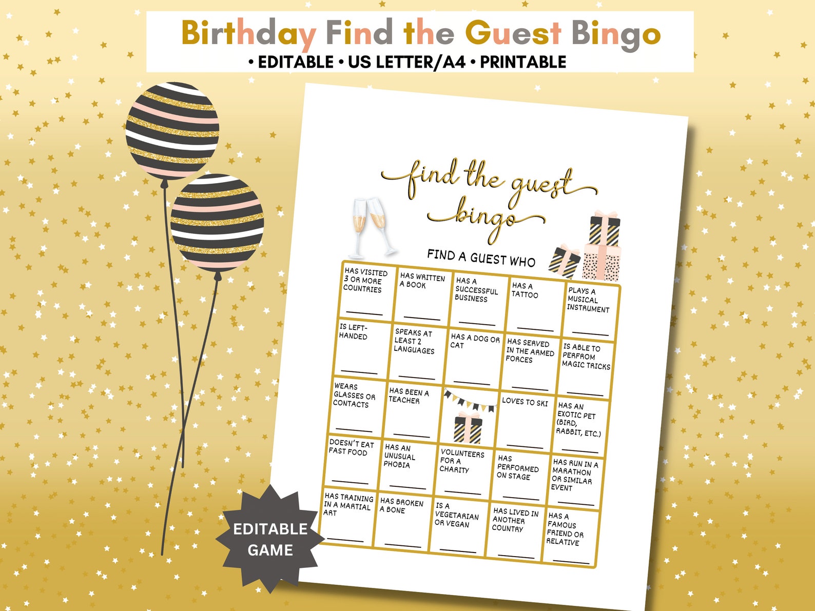 Editable Find the Guest Bingo Game for Birthday Parties | Printable ...