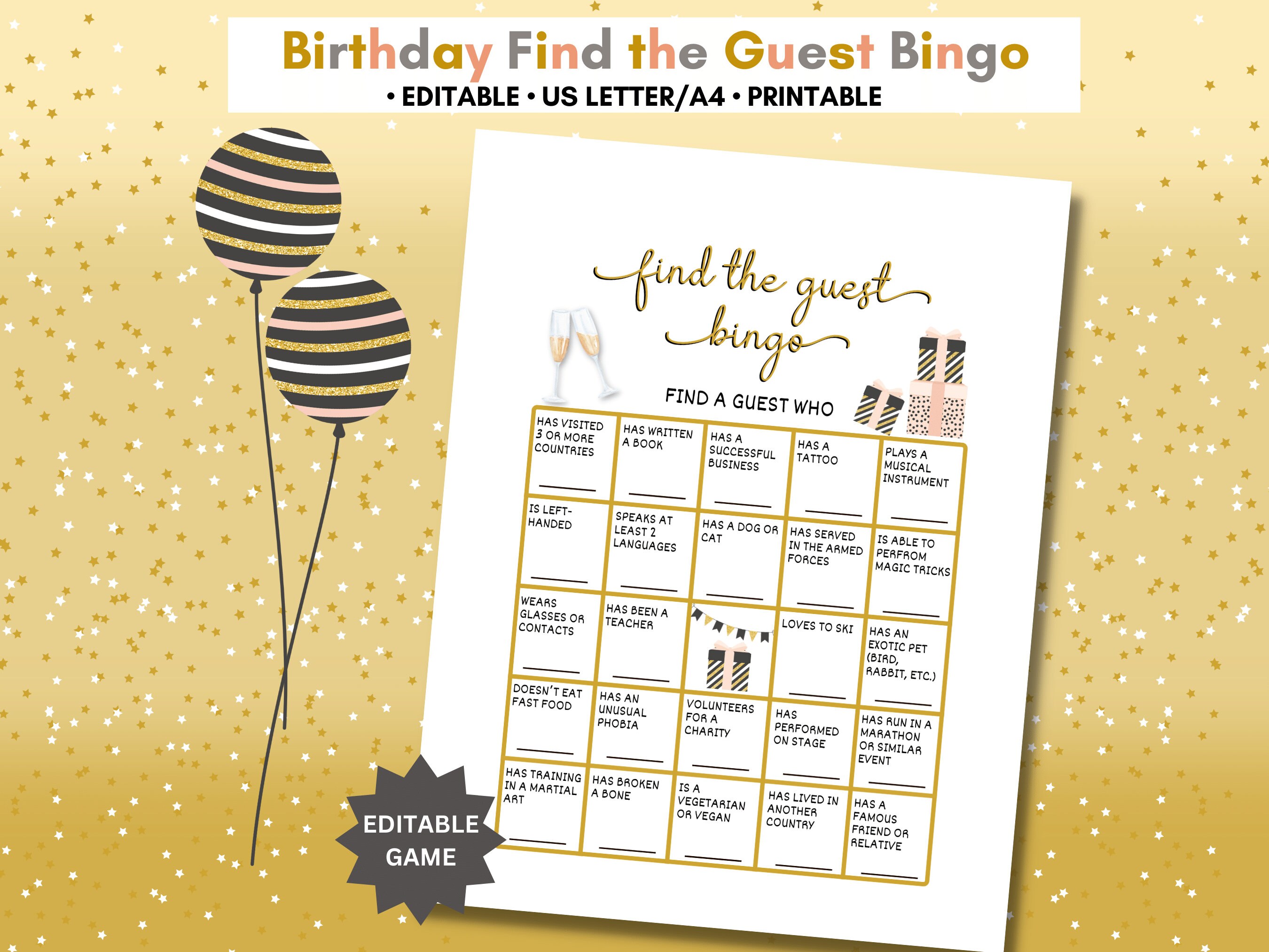 Editable Find the Guest Bingo Game for Birthday Parties | Printable ...