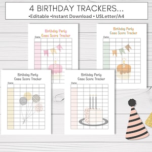 Editable Birthday Game Score Trackers for Kids and Adult Birthday ...