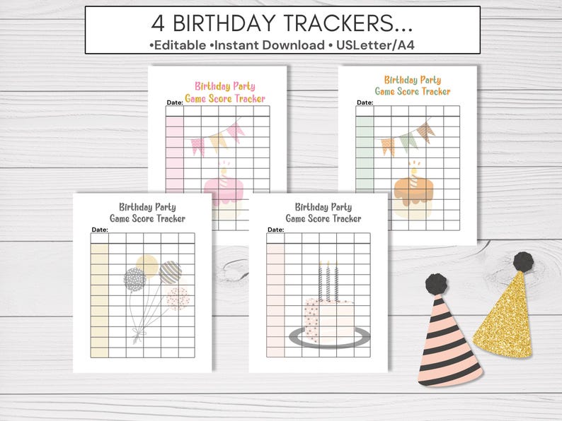 Editable Birthday Game Score Trackers for Kids and Adult Birthday ...