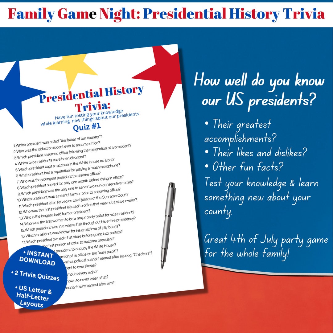 Printable Presidential History Trivia Game for Parties and Family Game ...