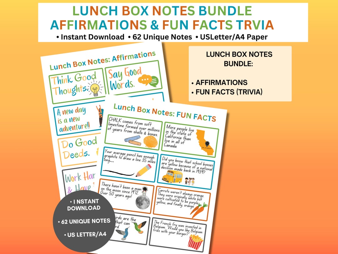Affirmation and Fun Facts Trivia Lunch Box Notes Bundle | Printable ...