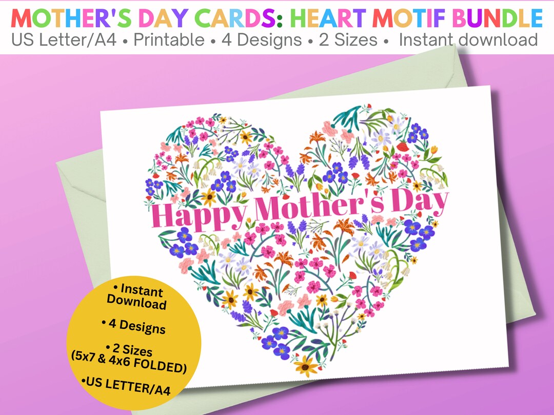 Printable Mothers Day Cards Bundle With Heart Motif | Mothers Day Card ...