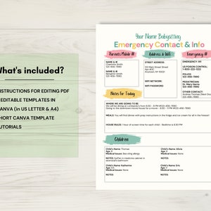 Babysitter Information Sheet With Emergency Contact Info, Medical Info ...