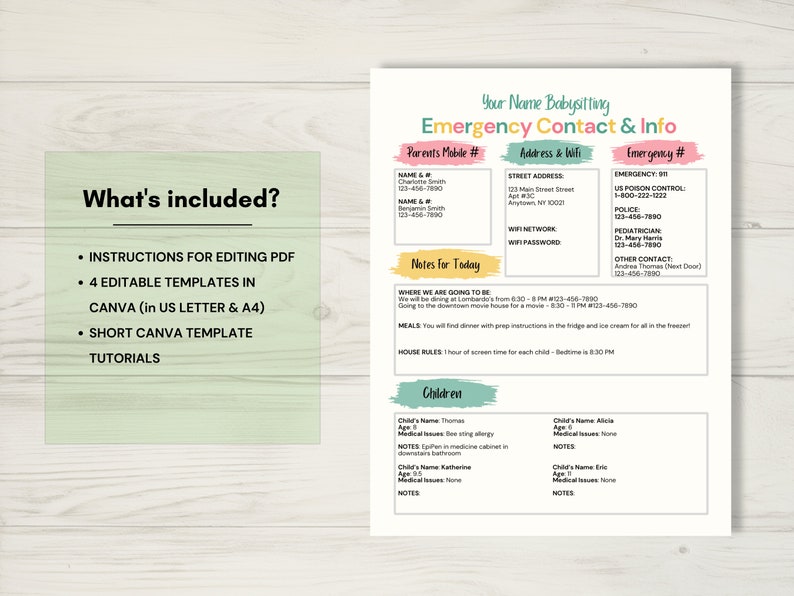 Babysitter Information Sheet With Emergency Contact Info, Medical Info ...
