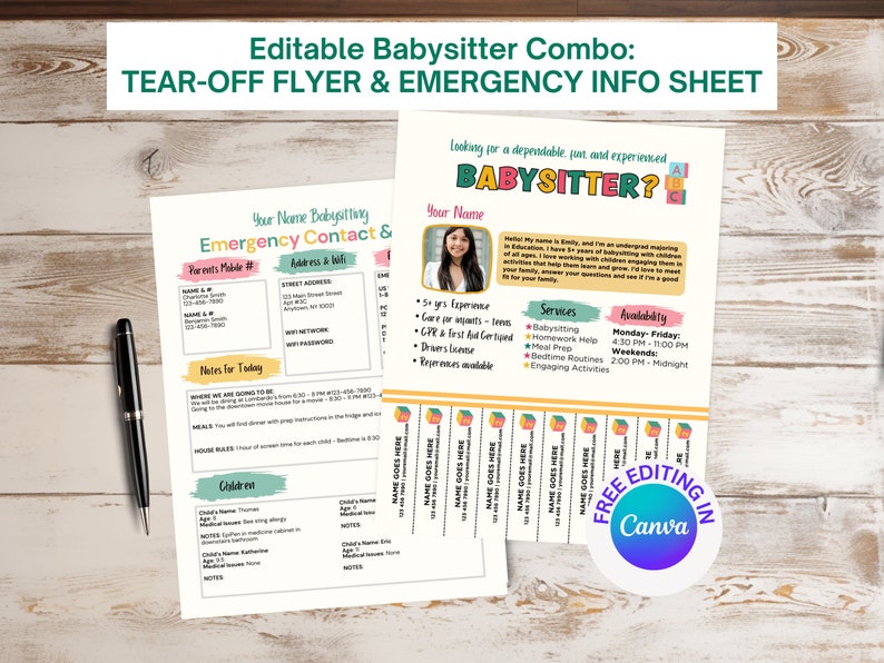 Editable Babysitters Tear-off Flyer and Information Sheet Bundle, Canva ...