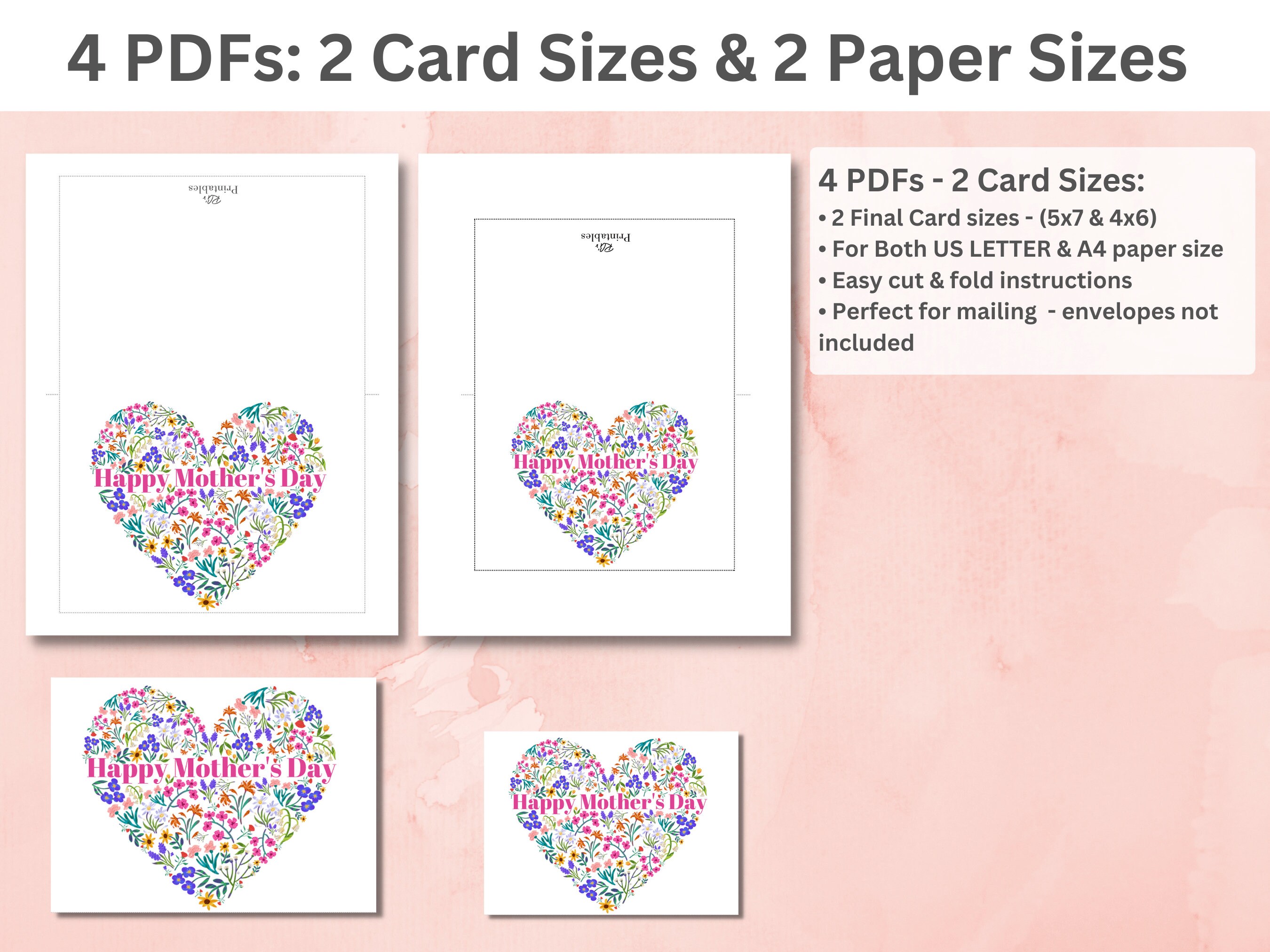 Printable Mothers Day Floral Card With Heart Motif Mothers Day Card for ...