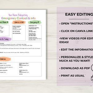 Babysitter Information Sheet With Emergency Contact Info, Medical Info ...