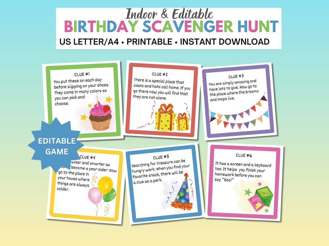 Editable Birthday Scavenger Hunt, Birthday Treasure Hunt for Kids and ...