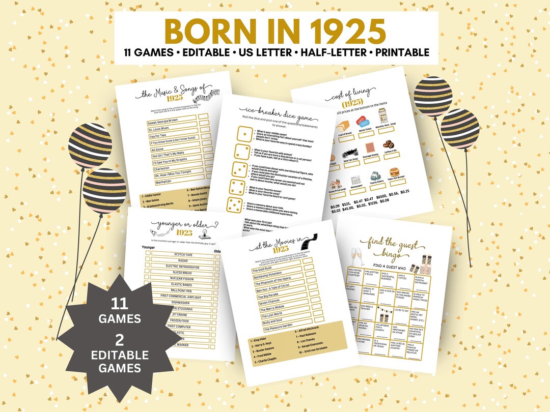 100th Birthday Party Games, Editable Born in 1925 Games Bundle, One ...
