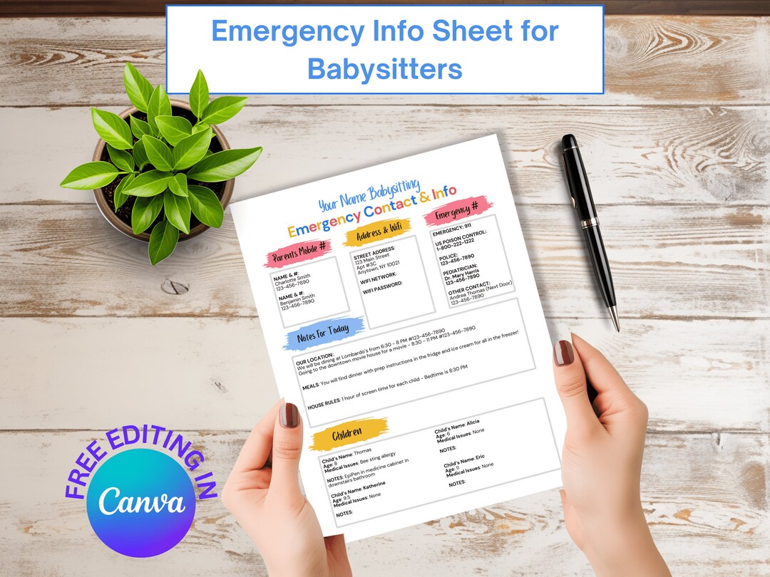 Babysitter Information Sheet With Emergency Contact Info, Medical Info ...