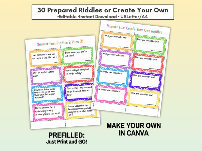 Editable Riddle Me This Cards for Kids, 30 Riddles Plus Editable Canva ...