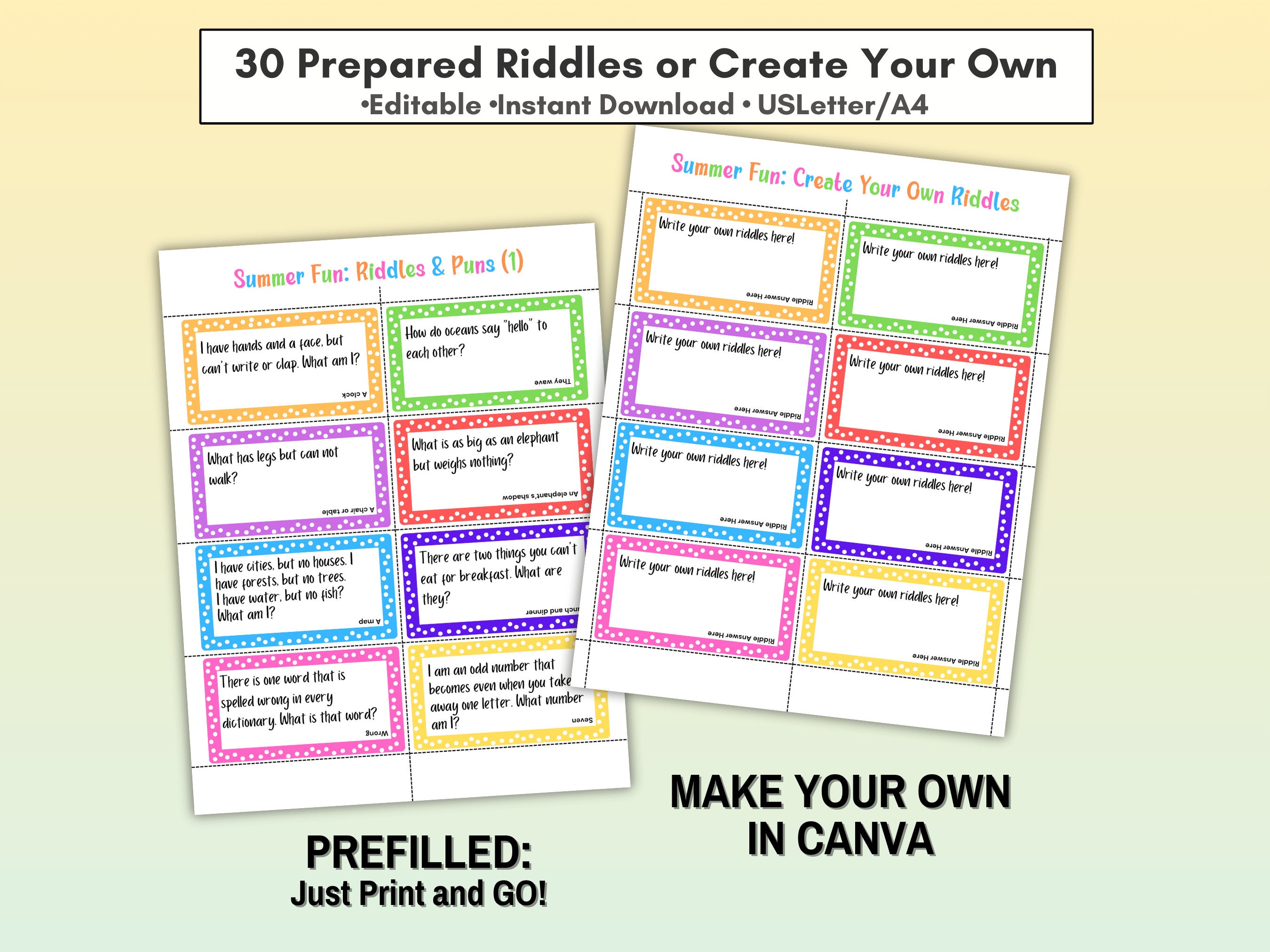 Editable Riddle Me This Cards for Kids, 30 Riddles Plus Editable Canva ...