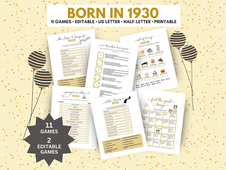 95th Birthday Party Games, Editable Born in 1930 Games Bundle, Ninety ...