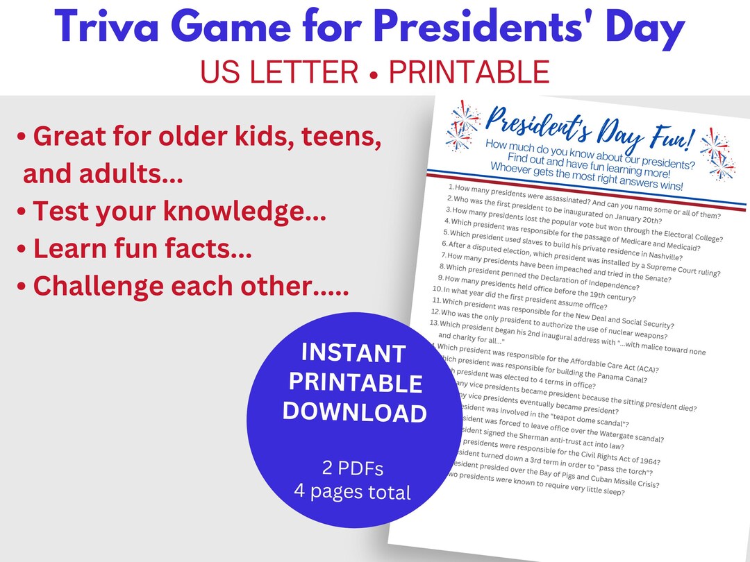 Presidents' Day Trivia Game Triva Quiz Presidents Day Games ...