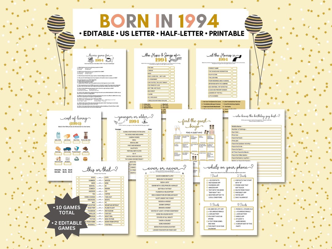 31st Birthday Party Games Bundle | Born in 1994 Games | Editable Thirty ...